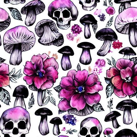 Goth Flowers Mushrooms Skulls Watercolor Pattern Creative Fabrica