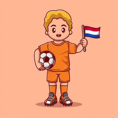 플래그와 공 만화 벡터 아이콘 그림을 들고 키트에 귀여운 네덜란드 축구 선수 프리미엄 벡터