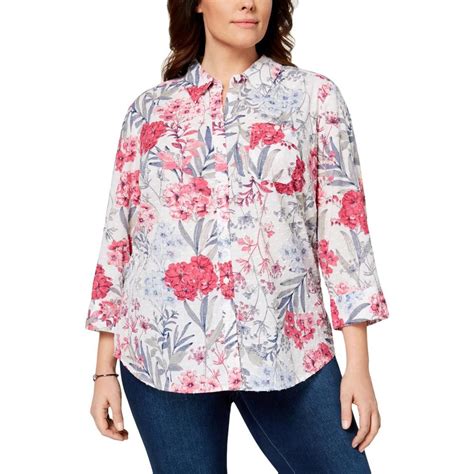 Karen Scott Plus Womens Cotton Floral Print Button Down Top