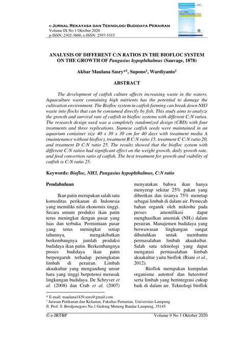 PDF ANALYSIS OF DIFFERENT C N RATIOS IN THE BIOFLOC SYSTEM ON THE GROWTH OF Pangasius