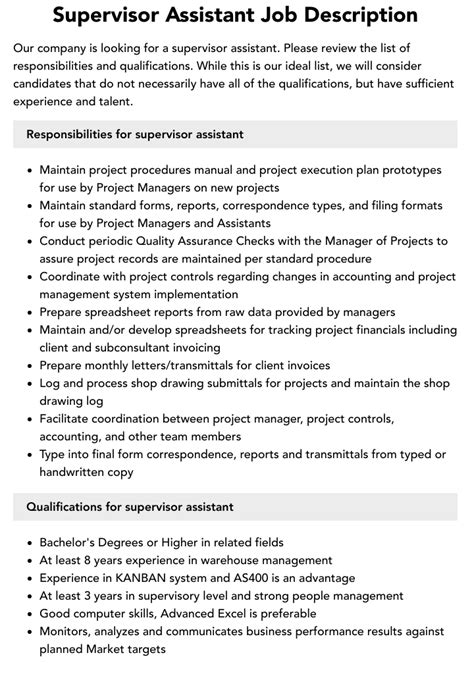 Supervisor Assistant Job Description Velvet Jobs