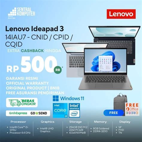 Jual Lenovo Ideapad 3 14iau7 I3 1215u 8gb Ddr4 256gb Ssd Win 11 And Ohs