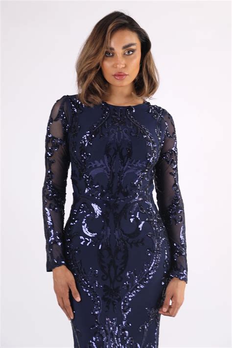 Amani Long Sleeve Sequin Gown Navy Noodz Boutique