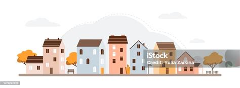 아늑한 도시 가을 풍경 작은 집이있는 귀여운 마을 도시 거리의 건축 주거용 건물의 외부 외관 흰색 배경에 격리된 플랫 벡터 일러스트레이션입니다 집에 대한 스톡 벡터 아트 및