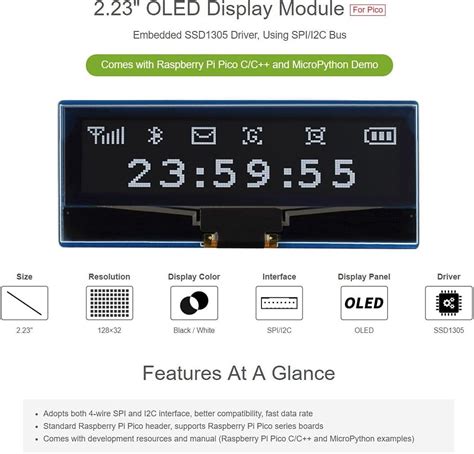 waveshare 2 23inch oled display module for raspberry pi pico 128 32