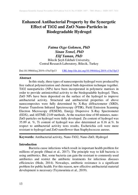 Pdf Enhanced Antibacterial Property By The Synergetic Effect Of Tio2 And Zno Nano Particles In