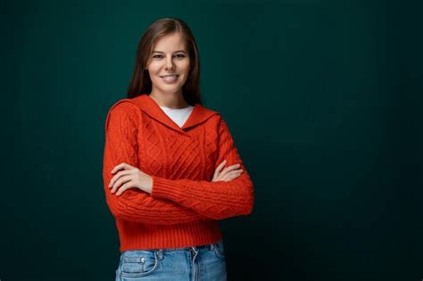 Premium Photo Confident Year Old Woman With Brown Hair Crossed Her