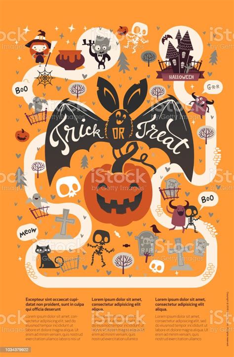 재미 있고 놀라운 만화 캐릭터와 장소 텍스트에 대 한 평면 스타일에서 해피 할로윈 플라이어 템플릿 축제 파티 초대장 인사말 카드 발표 배너 벡터 일러스트 할로윈에 대한 스톡