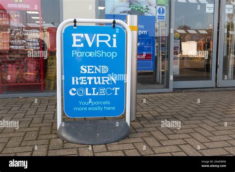Evri Parcel Shop Sign Outside A Convenience Store For Picking Up And Sending Parcels England