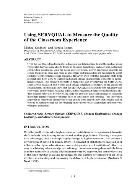 Serqual Using Servqual To Measure The Quality Of The Classroom Experience Pdf Customer
