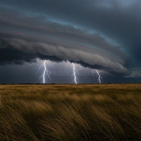 Dark Storm Clouds Dominate The Sky As Three Vivid Lightning Bolts Strike A Flat Open Stock