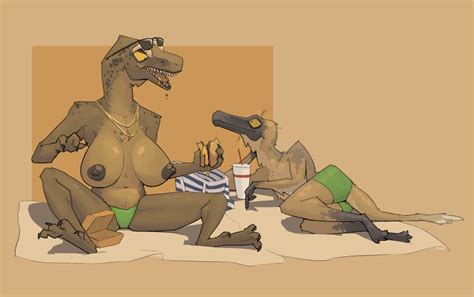 Rule 34 Anthro Breasts Burger Chewing Clothed Clothing Container Cup Dinosaur Duo Eating