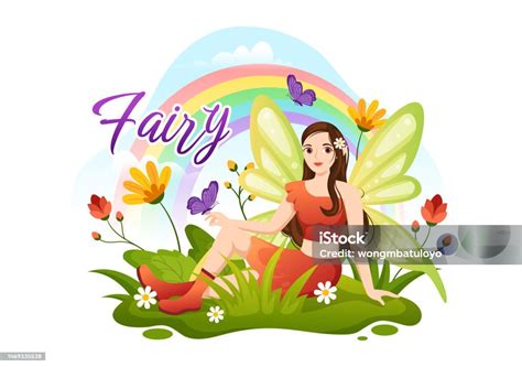엘프 풍경 나무 푸른 잔디가 있는 아름다운 비행 요정 그림 웹 배너 또는 랜딩 페이지 템플릿을 위해 그린 평평한 만화 공주에 대한 스톡 벡터 아트 및 기타 이미지 Istock