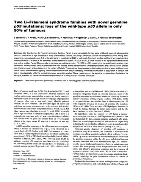 Pdf Two Li Fraumeni Syndrome Families With Novel Germline P53
