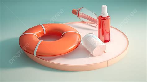 수영 링과 비치 파라솔이 있는 해변 준비 스킨케어 루틴의 3d 그림 수영 반지 사람들 여름 자외선 차단제 배경 일러스트 및