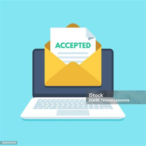 봉투에 허용된 이메일입니다 대학 합격 성공 또는 대학 입학 편지 노트북 받은 편지함 벡터 일러스트 레이 션에 메일 대학교에 대한