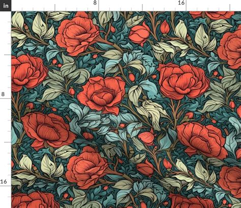 William Morris Red Roses Fabric Spoonflower