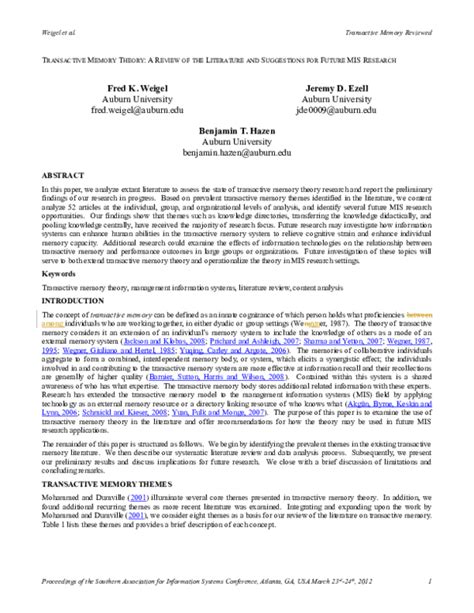 Doc Transactive Memory Theory A Review Of The Literature And