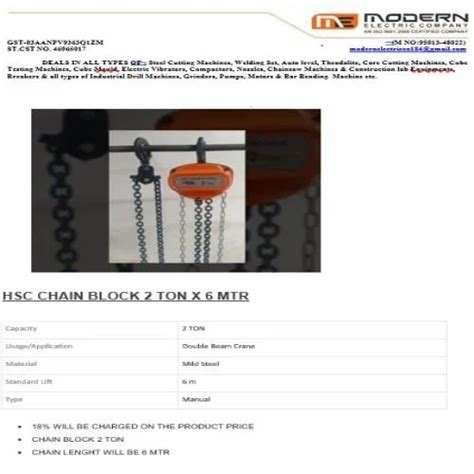 Mild Steel Hsc Chain Block 2 Ton 6 Mtr For Single Grinder Crane At