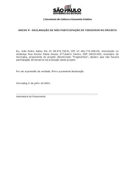 Declaração De Não Participação De Terceiros Pdf