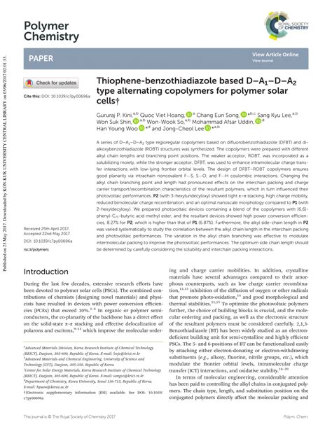 Pdf Thiophene Benzothiadiazole Based D A1 D A2 Type Alternating