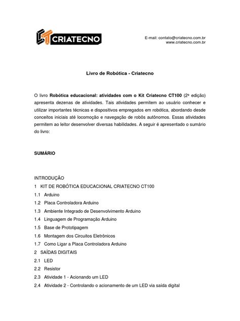 Livro De Robotica Criatecno 2a Ed Sumario Pdf Arduino Força