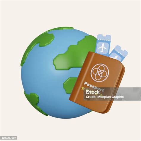 3d 지구 비행기 티켓과 갈색 여권 아이콘입니다 신분 증명서 아이콘은 흰색 배경에 분리되어 있습니다 3d 렌더링 그림입니다 클리핑 패스 3차원 형태에 대한 스톡 사진 및