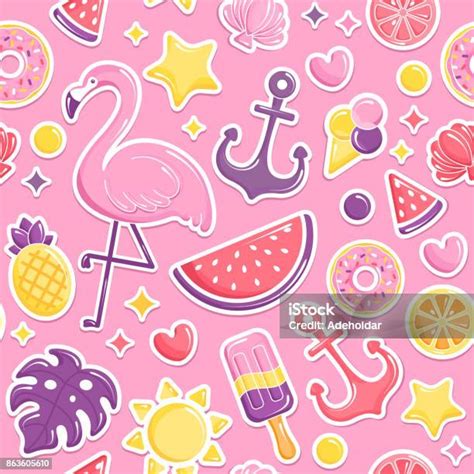 여름 비치 요소 완벽 한 패턴입니다 플라밍고 아이스크림 수 박 태양 몬스 테라 파인애플 벡터 일러스트 레이 션 개념에 대한 스톡 벡터 아트 및 기타 이미지 Istock