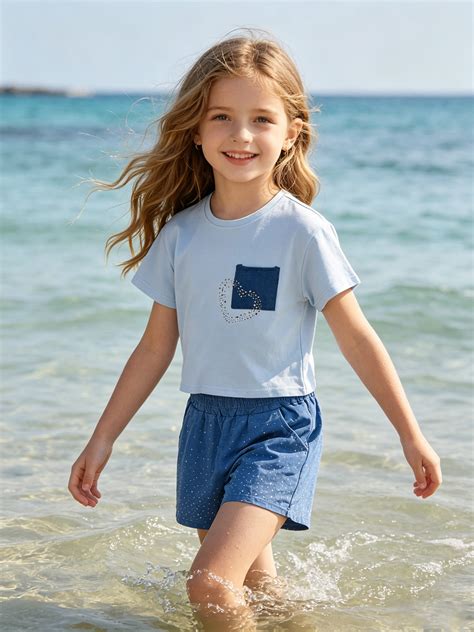 Pastello Completo Da Bambina Con T Shirt Cropped E Shorts In Jeans Con