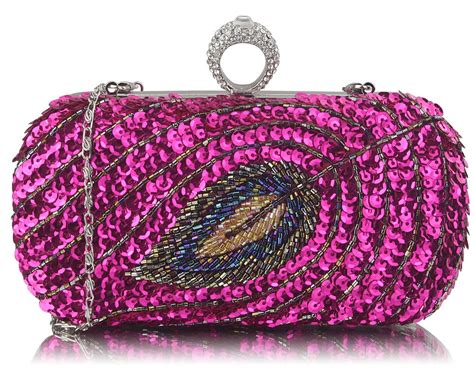 Wholesale And B2b Fuchsia Sequin Peacock Feather Design Clutch Evening