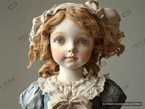 Ai创作图瓷娃娃 复古 女孩 装扮 服饰 头饰 卷发 蓝眼睛 蕾丝 领口 蝴蝶结 玩偶 造型 优雅 古典 昵图网