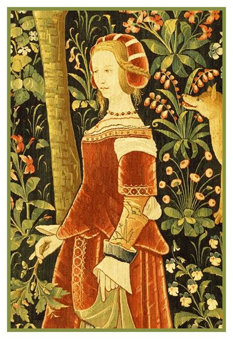 Maiden In Red From A Medieval Tapestry Counted Cross Stitch Pattern