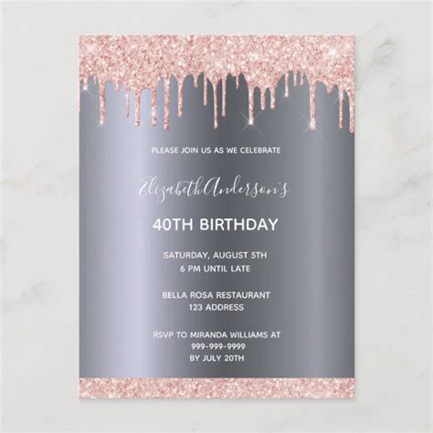 40th Birthday Rose Gold Glitter Drips Invitation Postcard Zazzle