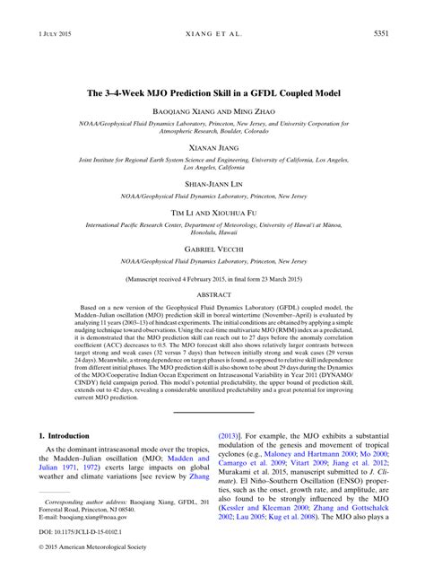 Pdf The 34 Week Mjo Prediction Skill In A Gfdl Coupled Model