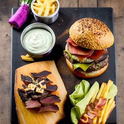 Una Hamburguesa Y Papas Fritas Están En Una Tabla De Cortar Con Una
