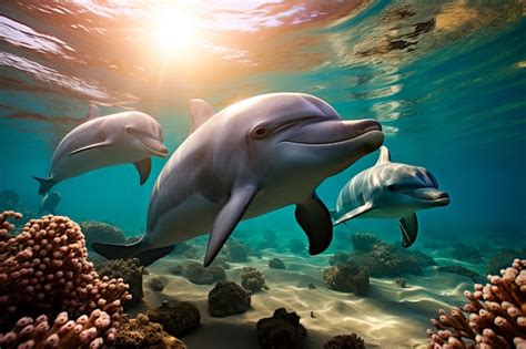 Premium Ai Image Underwater View Of Gray Dolphin Swimming In A Caribbean Beach At Sunset