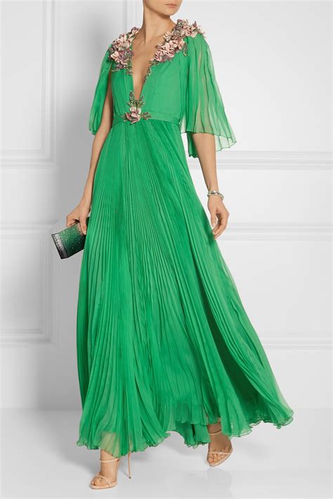 Lyst Gucci Embellished Plissé Silk Chiffon Gown In Green
