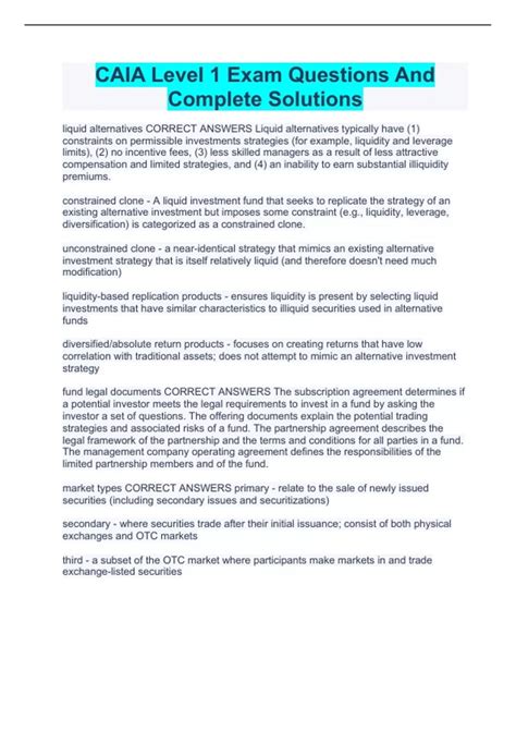 Caia Level 1 Exam Questions And Complete Solutions Caia Chartered