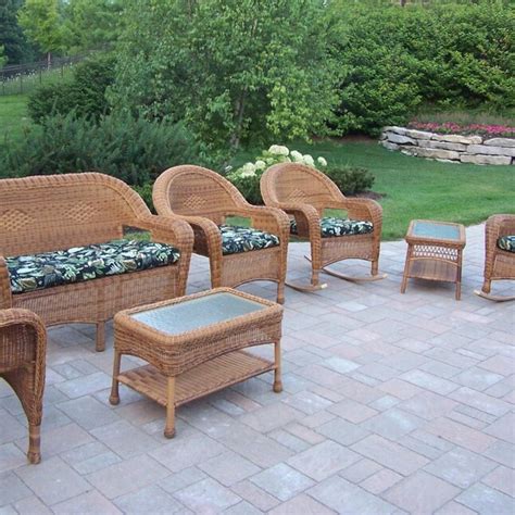 Oakland Living Resin Wicker 7 Piece Woven Patio Conversation Set With