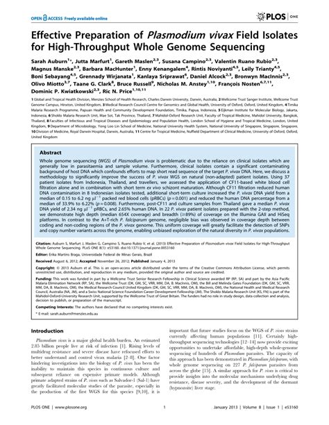 Pdf Effective Preparation Of Plasmodium Vivax Field Isolates For High Throughput Whole Genome