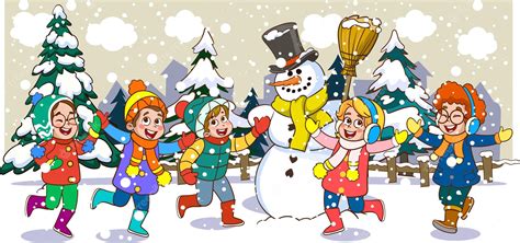 Crianças Brincando Na Neve Com Um Boneco De Neve Vetor Premium