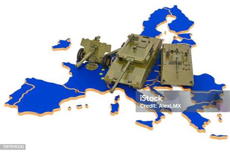 유럽 연합 지도에서 전투 차량 Eu 개념의 군사 방어 흰색 배경에 고립 된 3d 렌더링 유럽 연합에 대한 스톡 사진 및 기타 이미지 유럽 연합 육군 3차원 형태