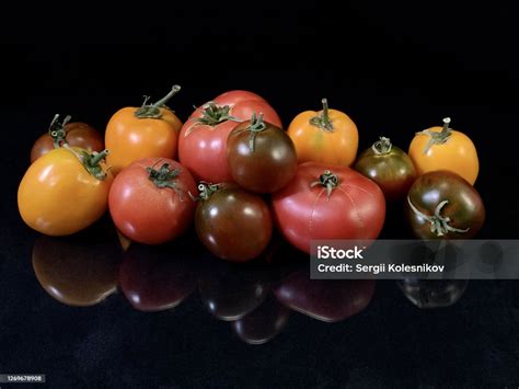 검은 색 배경에 수제 잘 익은 토마토 여러 가지 색상의 야채 노란색과 빨간색 토마토 토마토의 다양한 노랑에 대한 스톡 사진 및