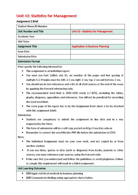 570 Assignment 2 Brief Unit 42 Statistics For Management Assignment