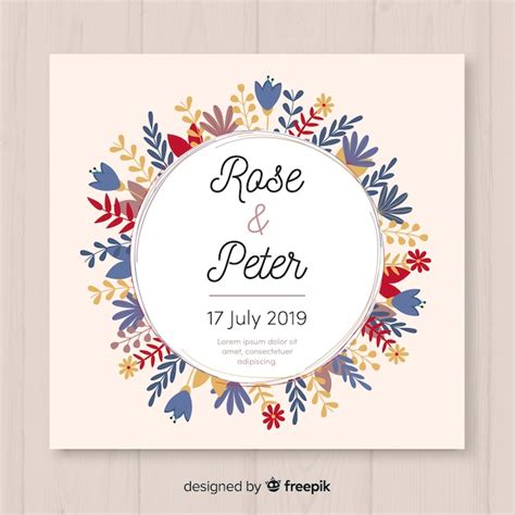 Plantilla de tarjeta de boda floral en diseño plano Vector Gratis