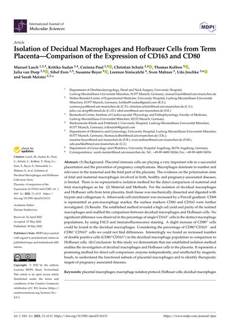 Pdf Isolation Of Decidual Macrophages And Hofbauer Cells From Term