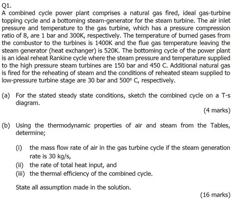 Solved Q1 A Combined Cycle Power Plant Comprises A Natural Gas Fired Ideal Gas Turbine