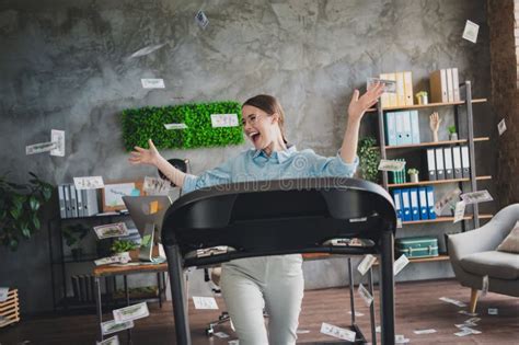 Photo Of Sweet Funny Lady Assistant Wear Shirt Flying Dollars Running