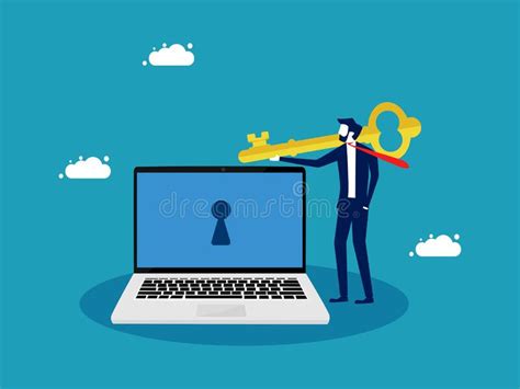Decode Or Unlock Businessman Holding A Key To Unlock A Laptop Stock Vector Illustration Of
