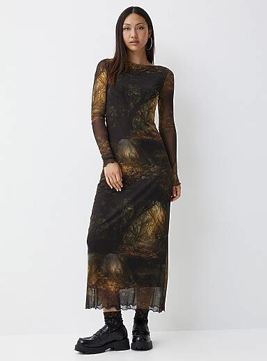 Printed Boat Neck Mesh Dress Twik Long Dresses And Maxi Dresses For
